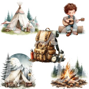 Camping Clipart Set, Watercolor & Vintage Style, Tents, Campervans ...