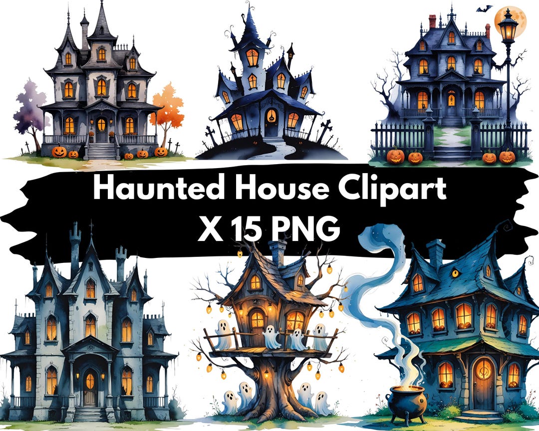 Watercolor Haunted House Clipart Set, Spooky Halloween Houses PNG ...