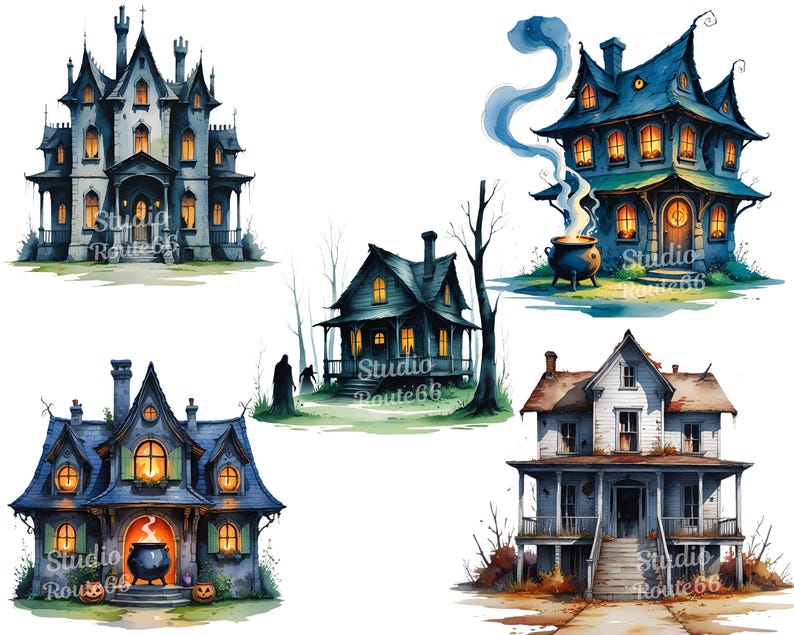 Watercolor Haunted House Clipart Set, Spooky Halloween Houses PNG ...