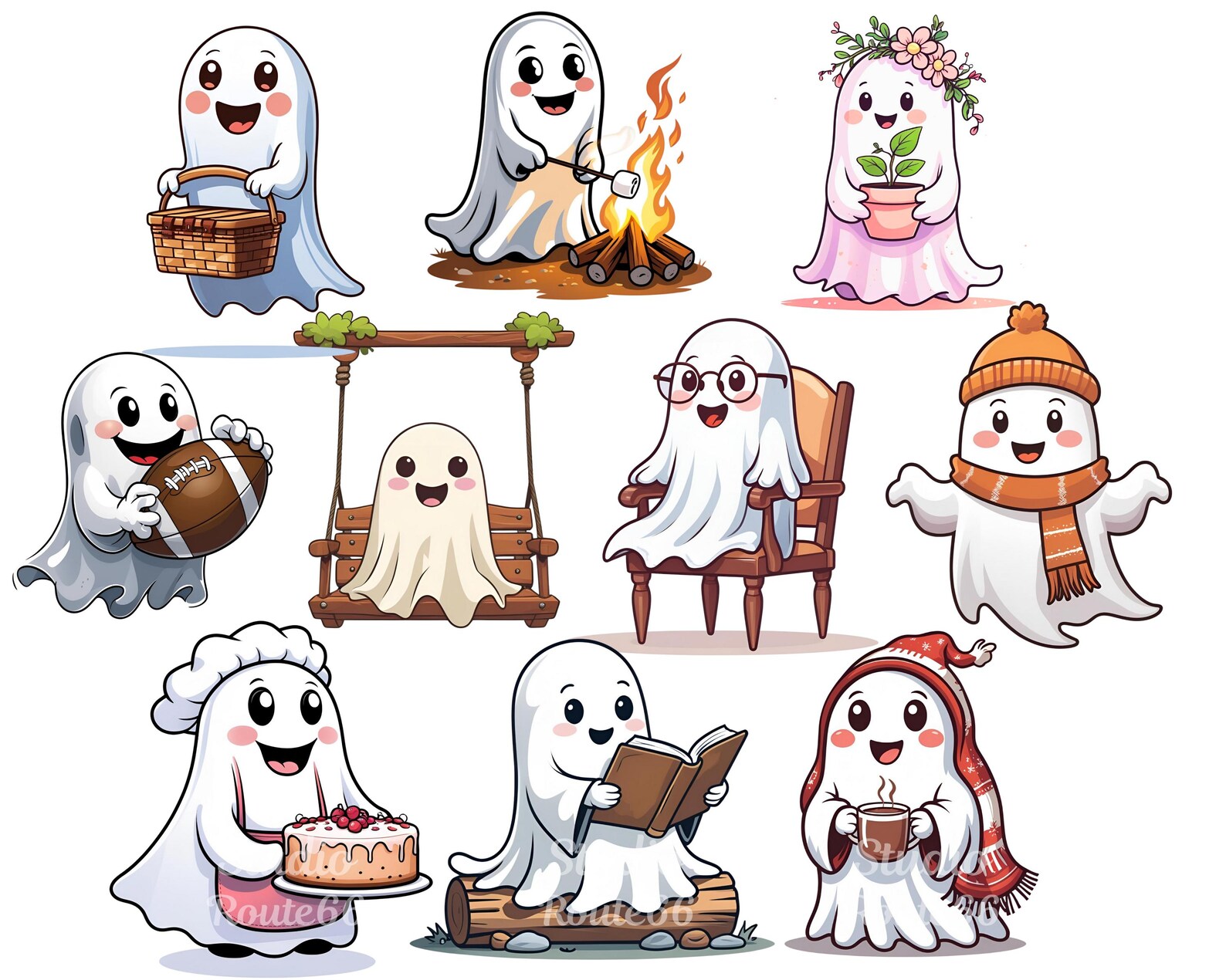 Cozy Ghost Clipart Set – Kawaii Ghosts PNG With Cake, Books, Football ...
