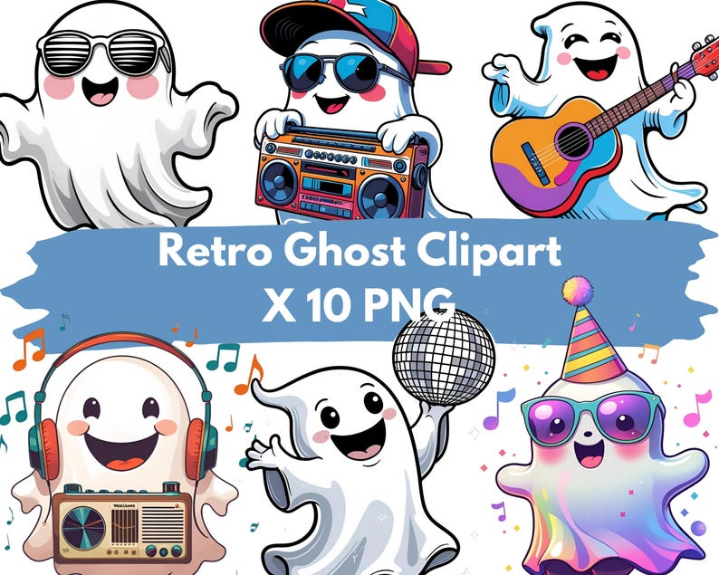 Retro Party Ghost Clipart, Kawaii 70s 80s 90s Ghosts PNG, Roller ...