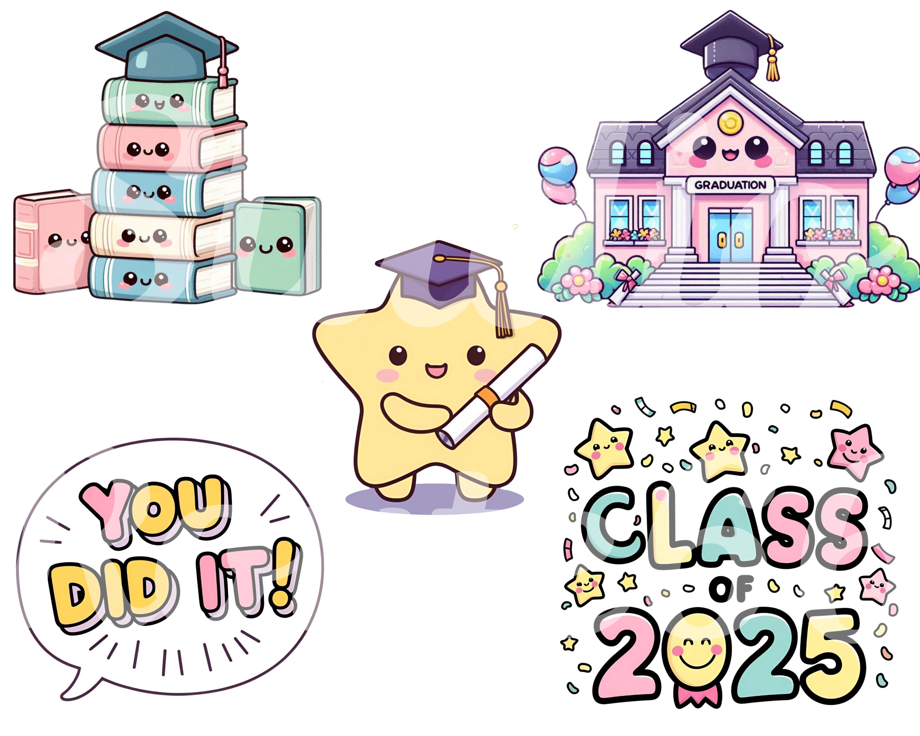Kawaii Graduation Clipart | Cute Graduate PNG Bundle | Diploma, Cap ...