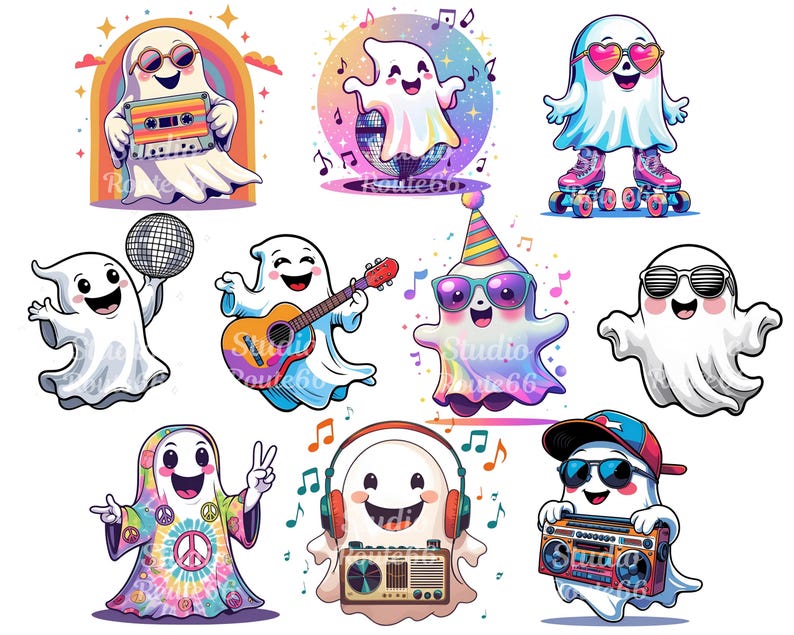Retro Party Ghost Clipart, Kawaii 70s 80s 90s Ghosts PNG, Roller ...