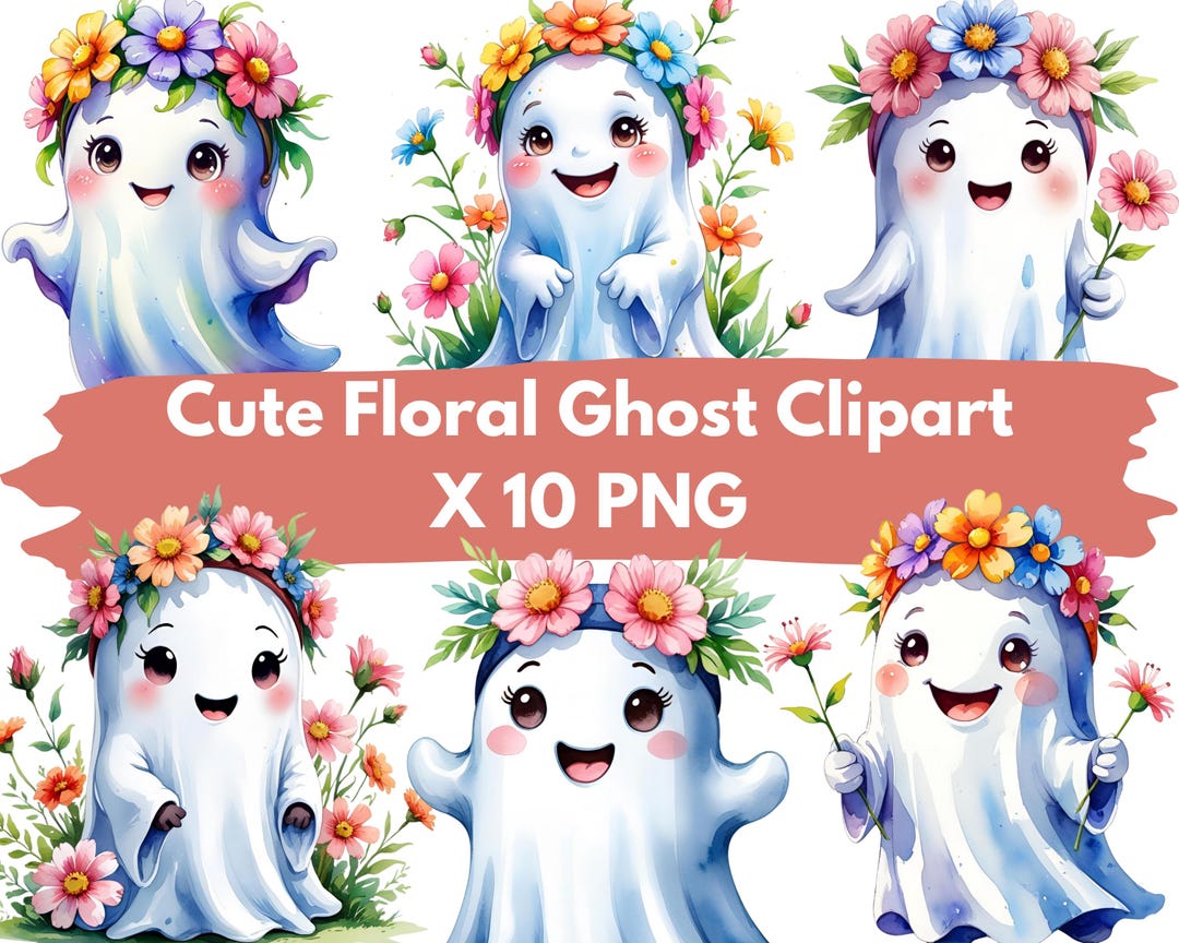 Floral Ghost Clipart Set – Kawaii Ghosts With Flower Crowns Holding ...