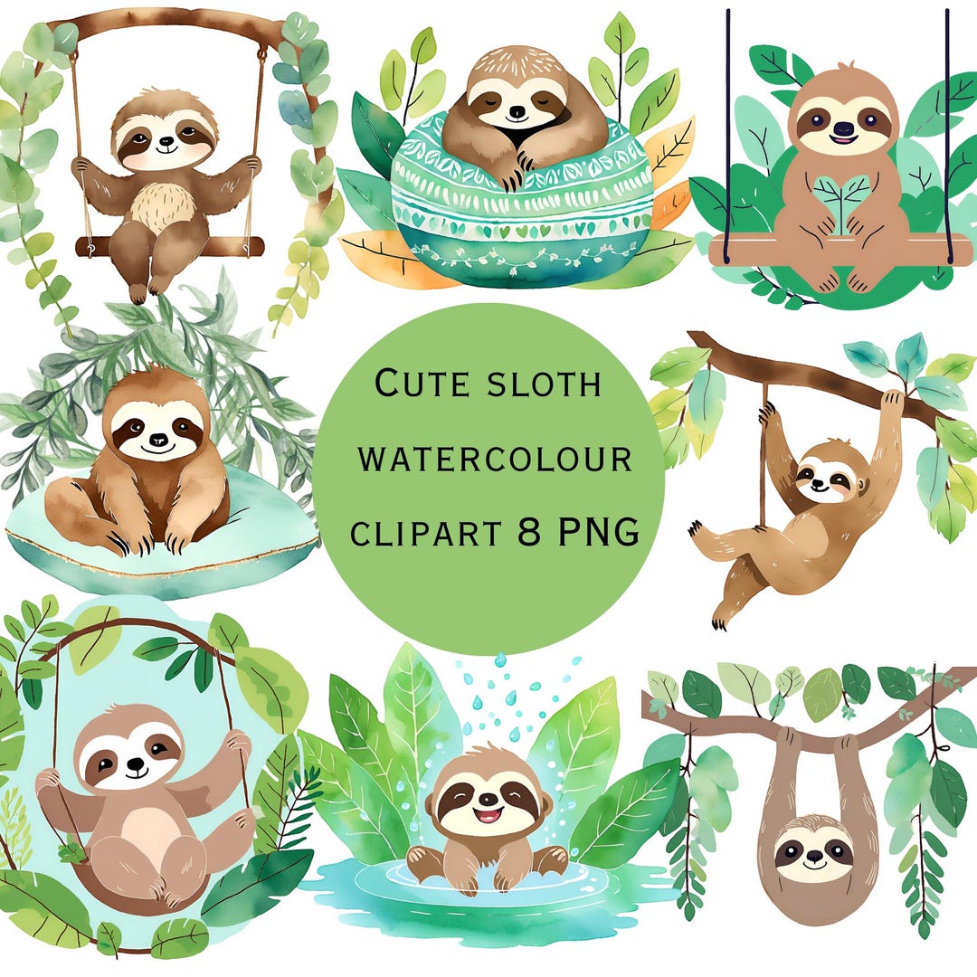 Baby Sloth Clipart, Leafy Designs, Cute Swinging Sloth, Art Project ...