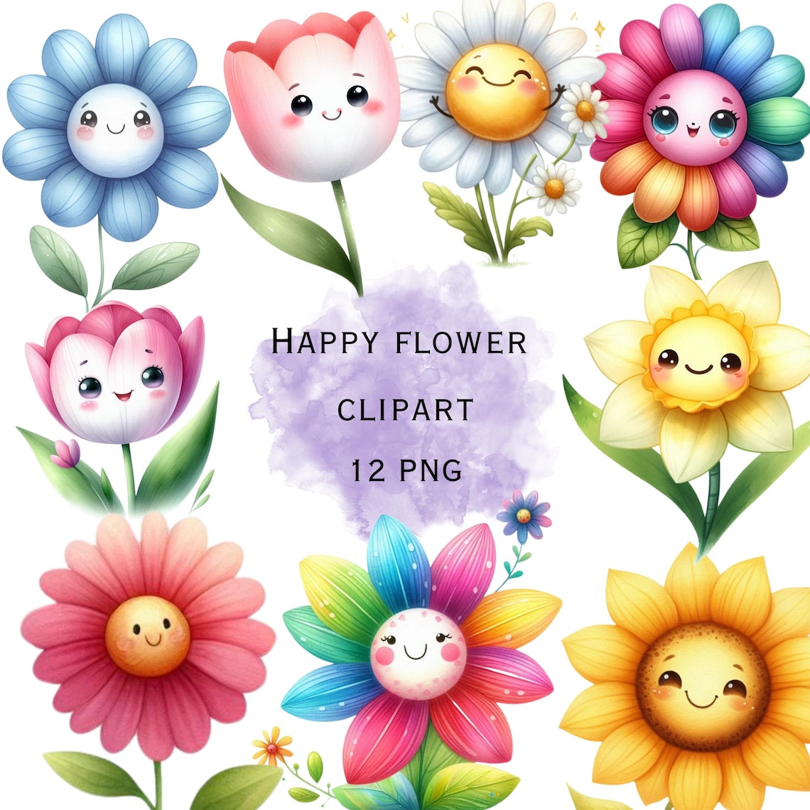 Happy Flower Clipart, Cute Floral Digital Images, Graphic Art Bundle ...