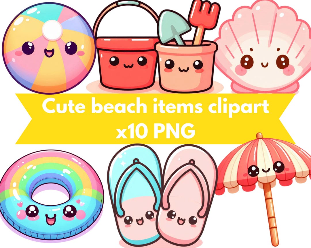 Kawaii Beach Clipart Bundle – 10 Cute Summer Pngs With Faces – Pastel ...