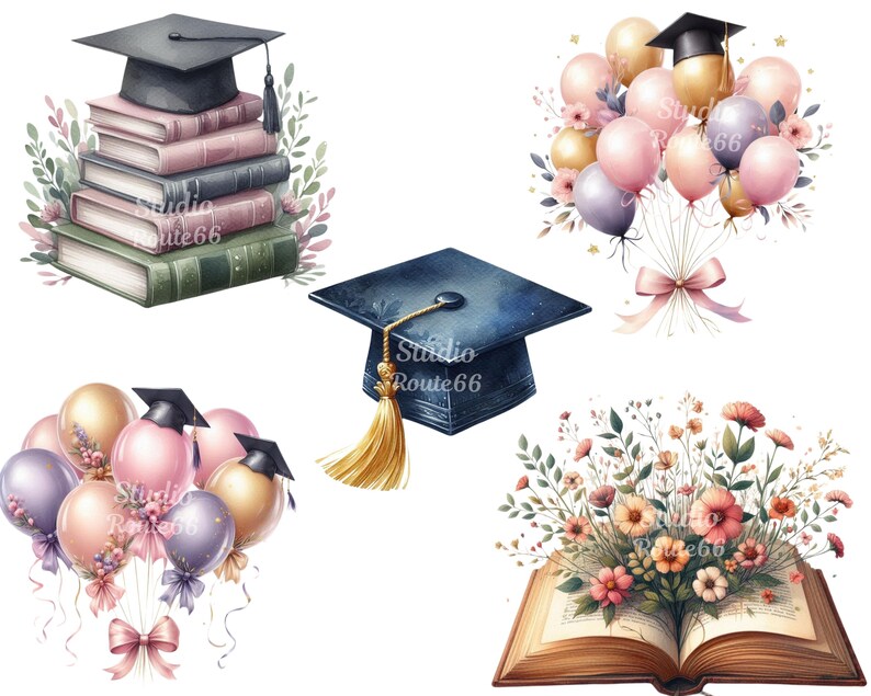Watercolor Graduation Clipart Bundle | Class of 2025 PNG | Elegant Grad ...