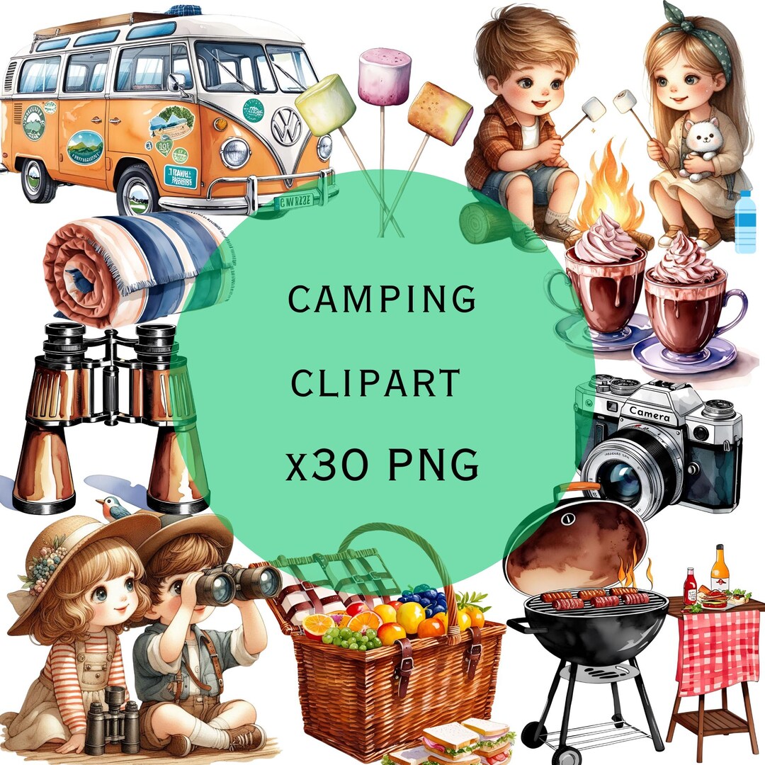 Camping Clipart Set, Watercolor & Vintage Style, Tents, Campervans ...