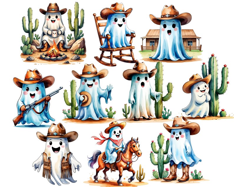 Cowboy Ghost Clipart Set – Kawaii Western Ghosts PNG, Cute Ghosts With ...