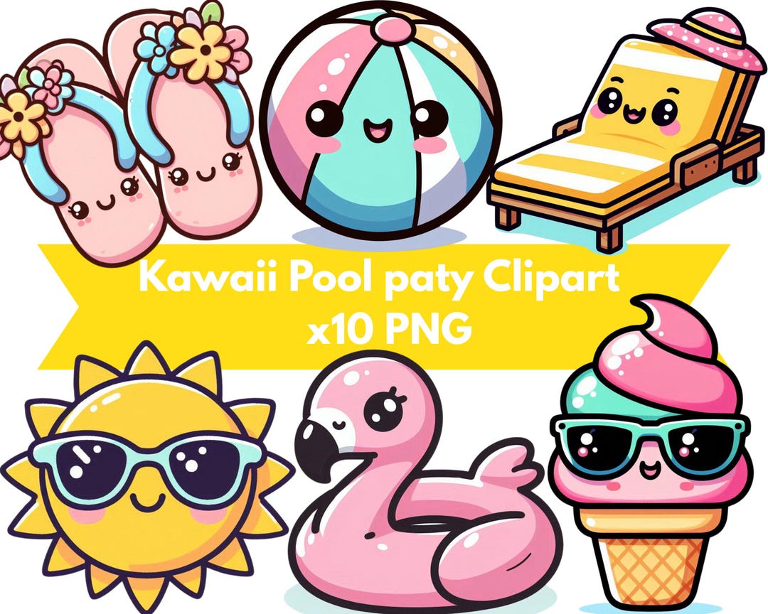 Kawaii Pool Party Clipart Set – Cute Summer Floaties, Suns, Ice Cream ...