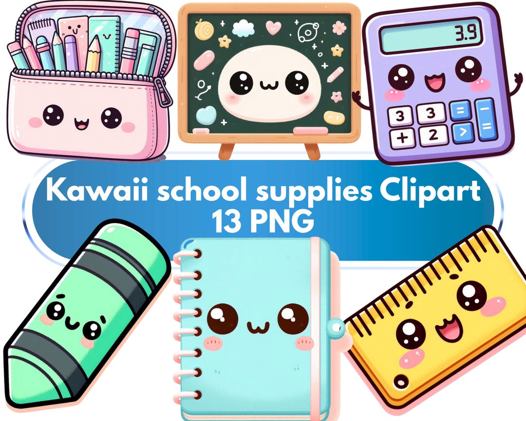 Kawaii Digital School Supplies & Stationery Set, Back to School Clipart ...