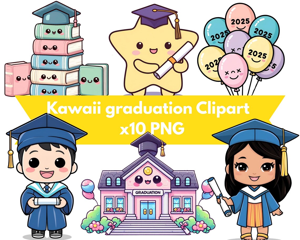 Kawaii Graduation Clipart | Cute Graduate PNG Bundle | Diploma, Cap ...
