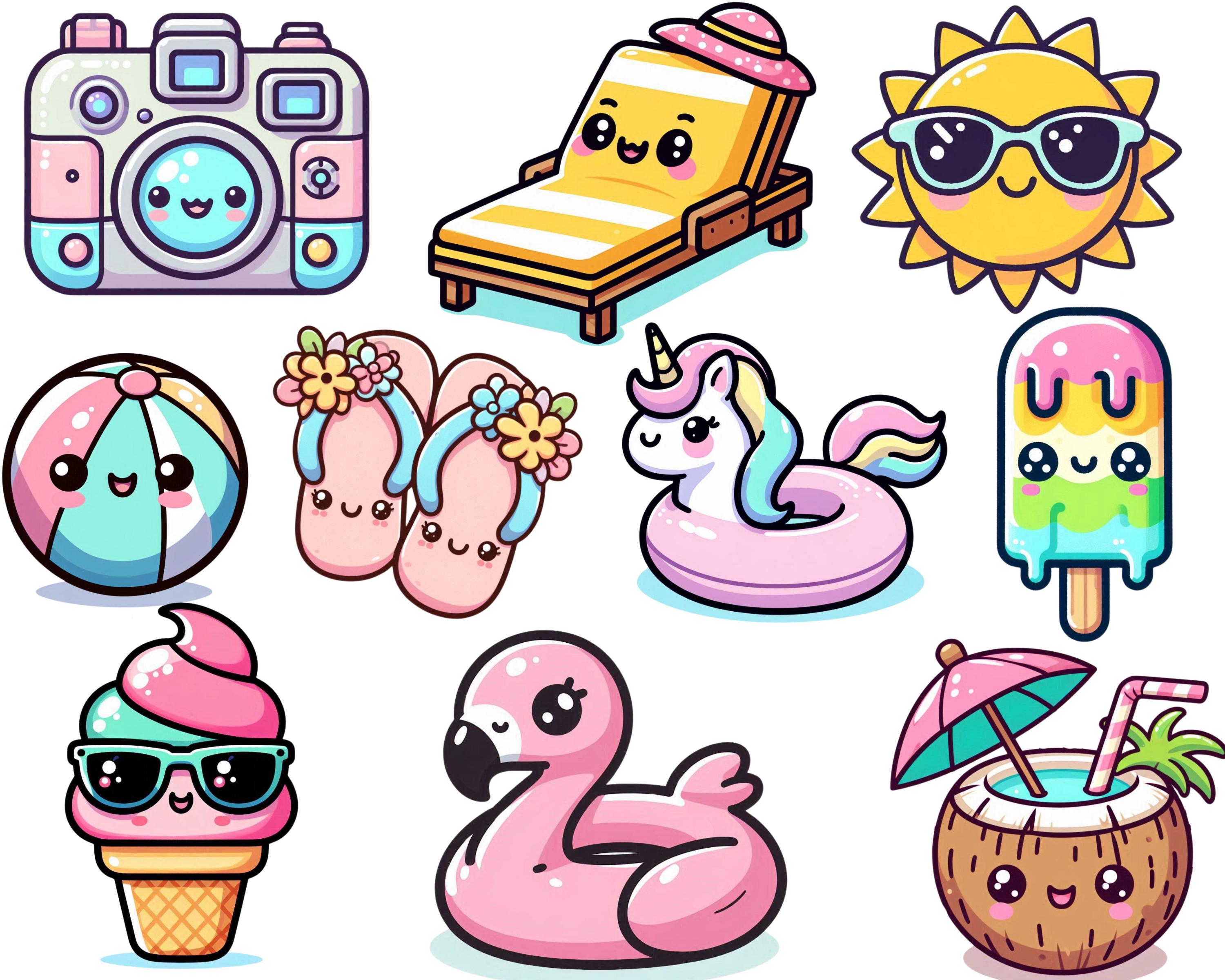 Kawaii Pool Party Clipart Set – Cute Summer Floaties, Suns, Ice Cream ...
