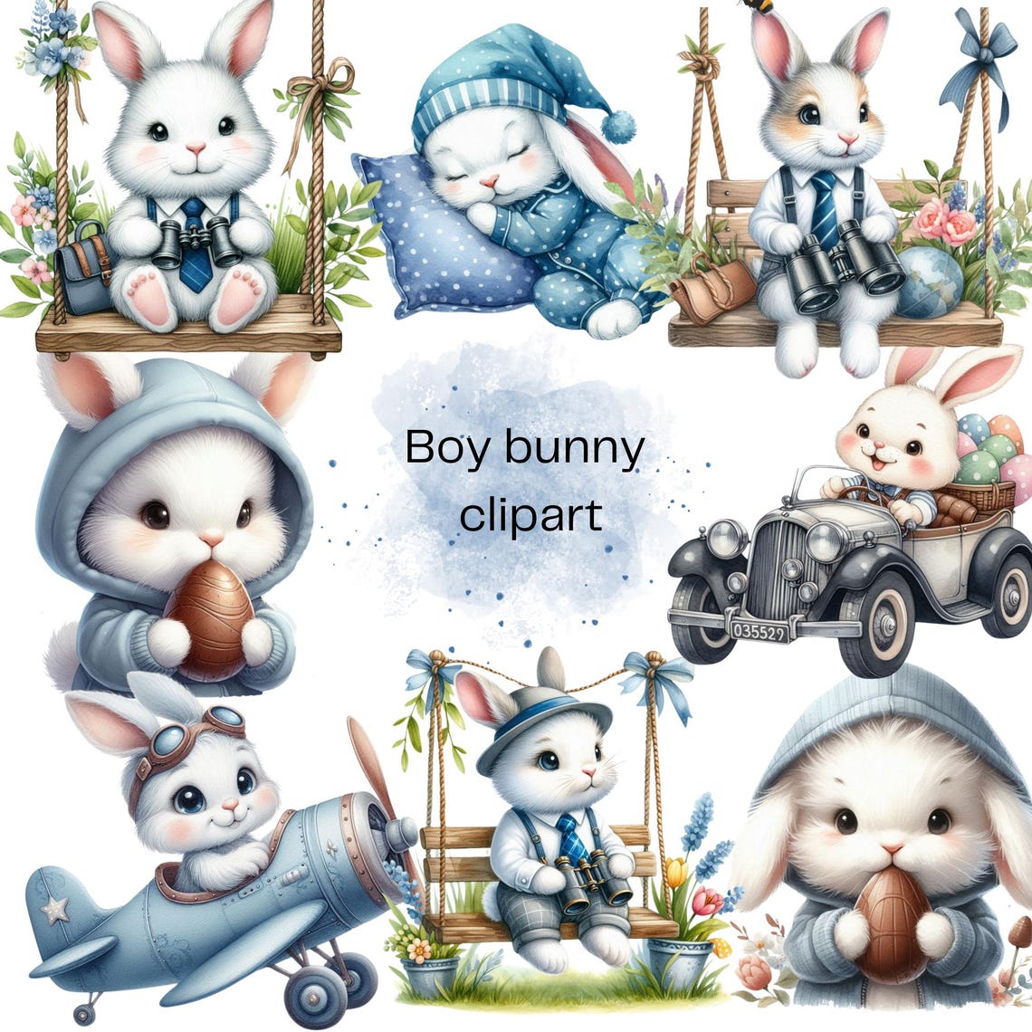 Boy Bunny Clipart, Design Bundle, Cute Baby Boy, Spring Graphics ...