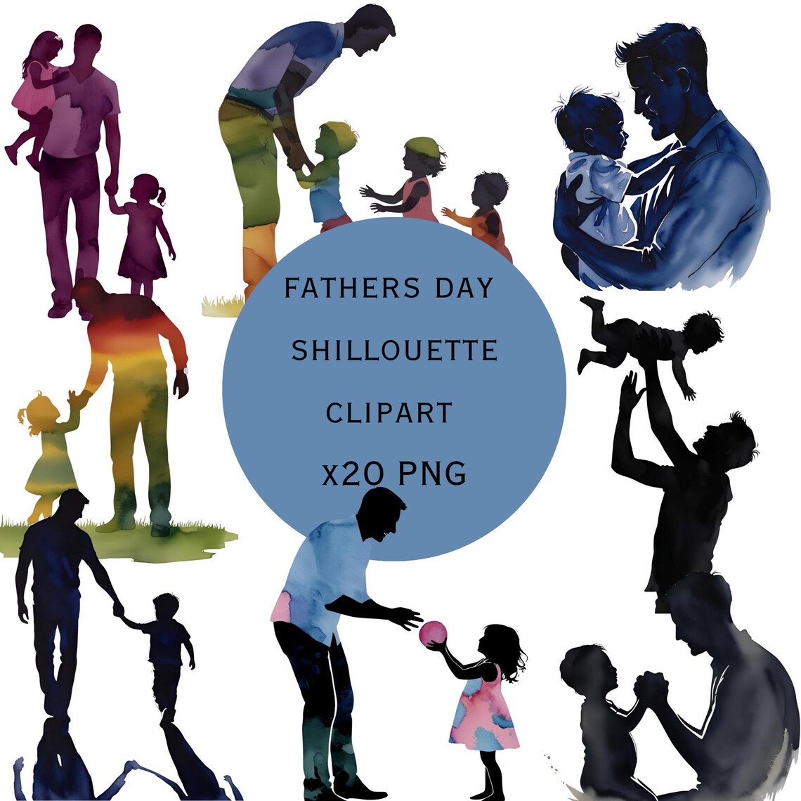 Fathers Day Clipart, Silhouette Designs, Watercolor Art, Cute Dad and ...