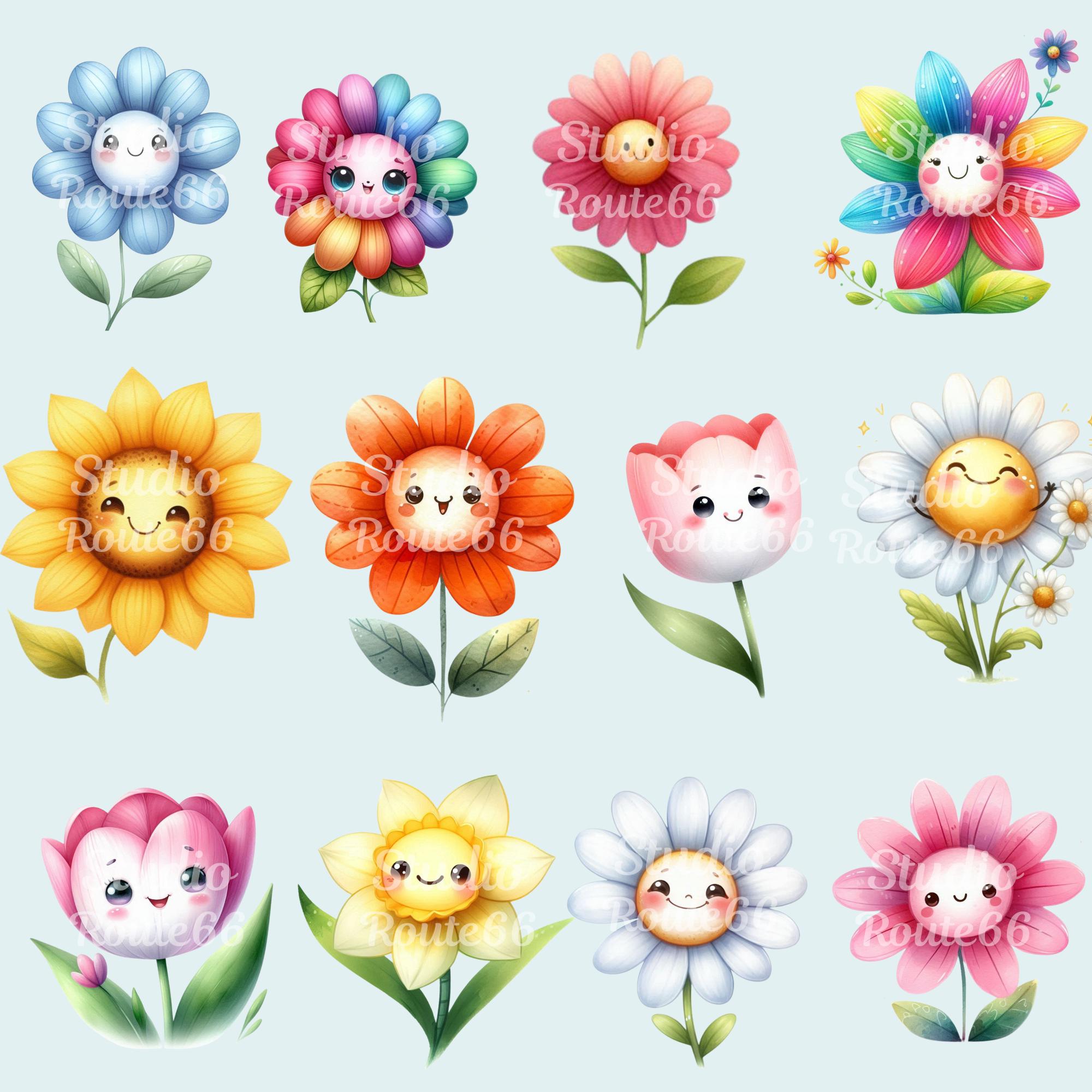 Happy Flower Clipart, Cute Floral Digital Images, Graphic Art Bundle ...