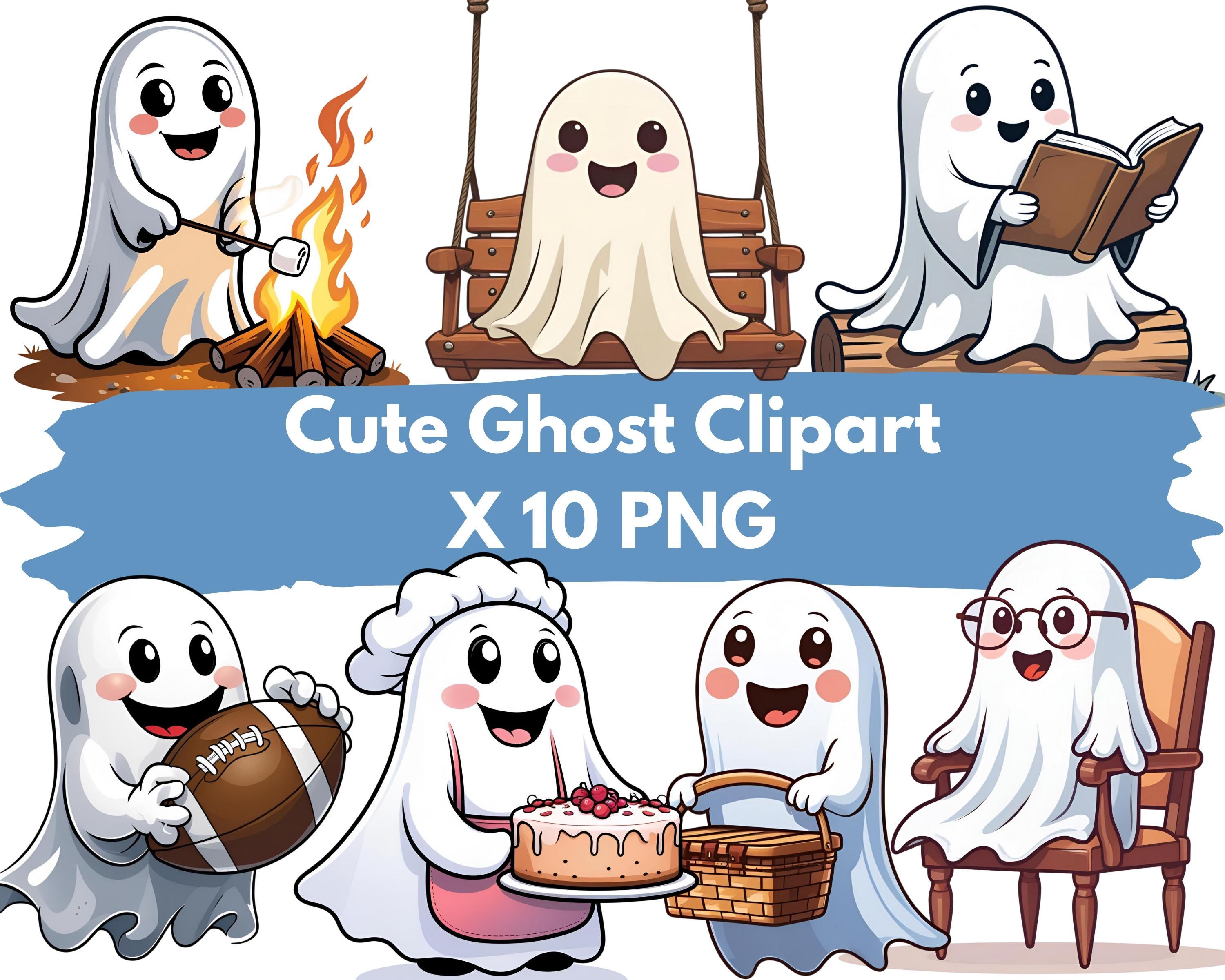 Cozy Ghost Clipart Set – Kawaii Ghosts PNG With Cake, Books, Football ...