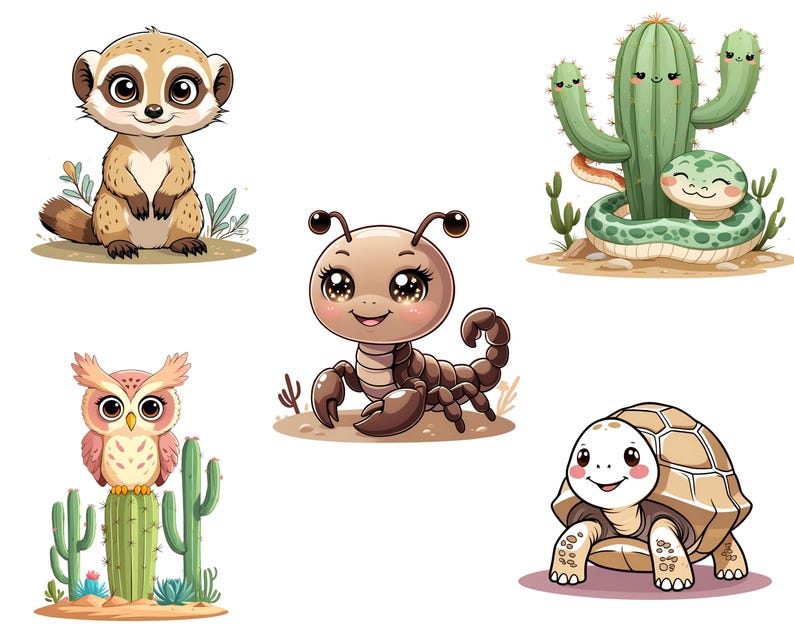 Desert Animal Friends Clipart Set – 10 Cute Kawaii Desert Creatures ...