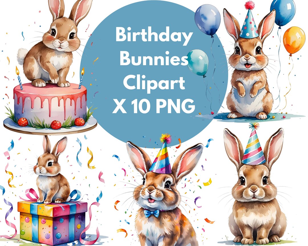 Birthday Bunny Clipart Set – 5 Cute Bunnies With Party Hats – PNG ...