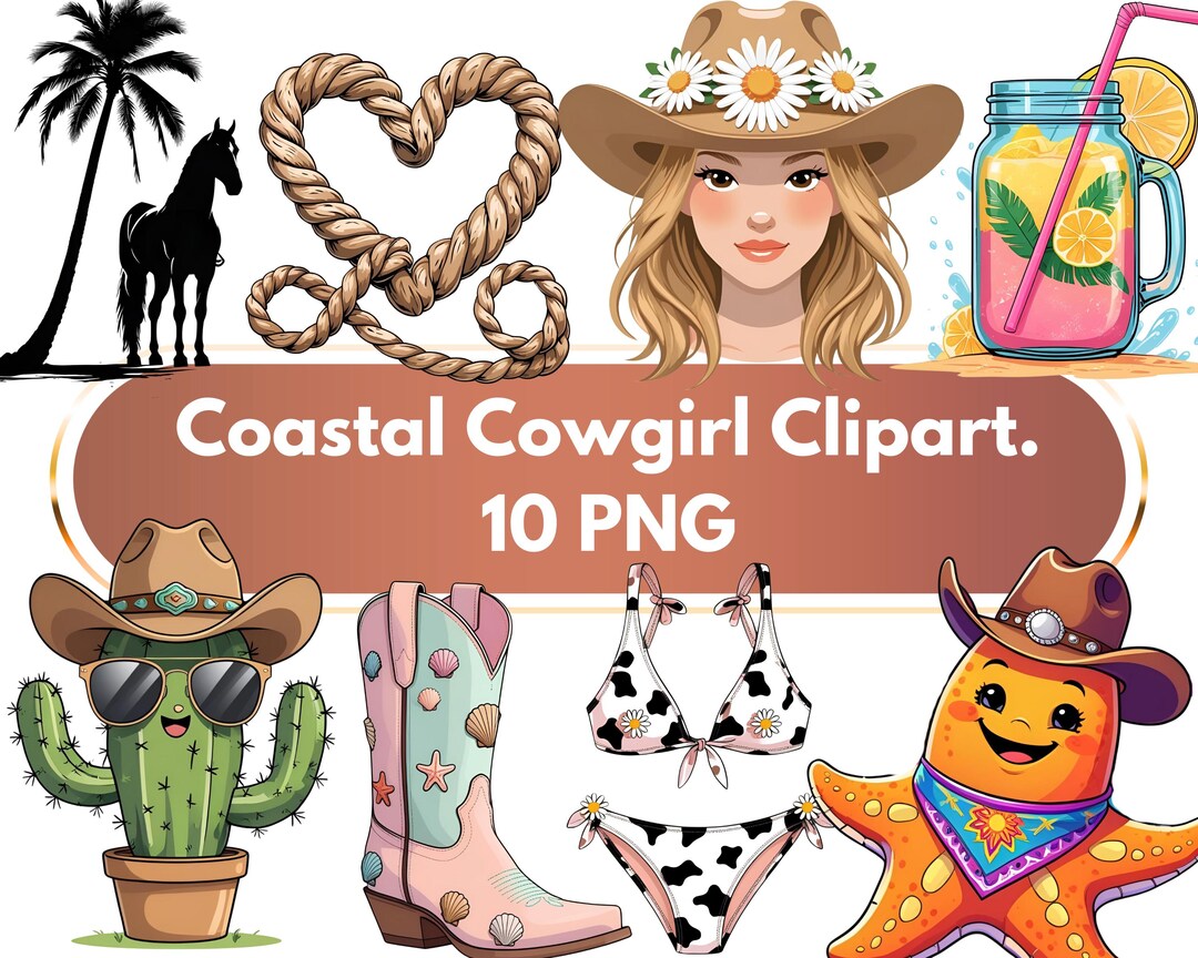 Coastal Cowgirl Clipart Set of 10, Cute Western Beach Aesthetic Pngs ...