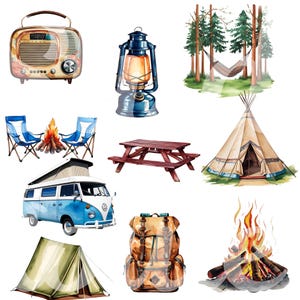Camping Clipart Set, Watercolor & Vintage Style, Tents, Campervans ...