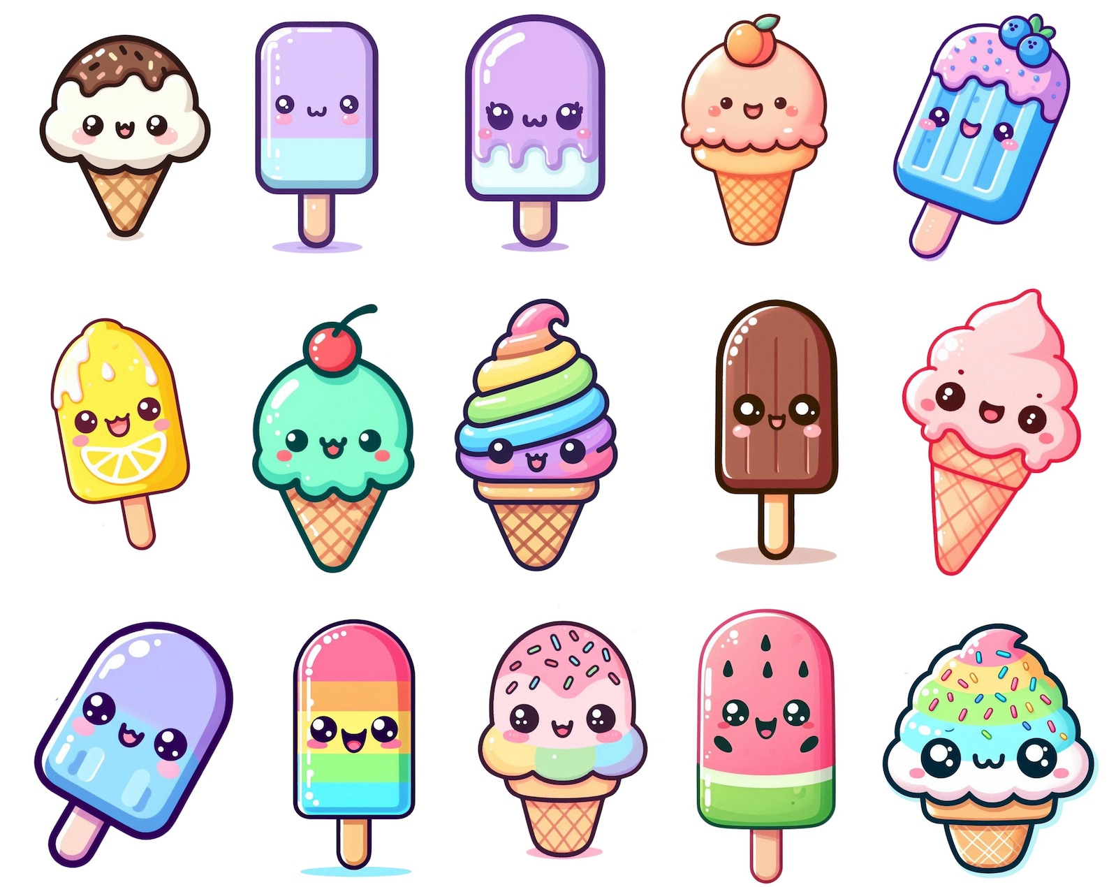 Cute Ice Cream and Popsicle Clipart, Kawaii Summer Treats PNG, Smiling ...