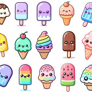 Cute Ice Cream and Popsicle Clipart, Kawaii Summer Treats PNG, Smiling ...