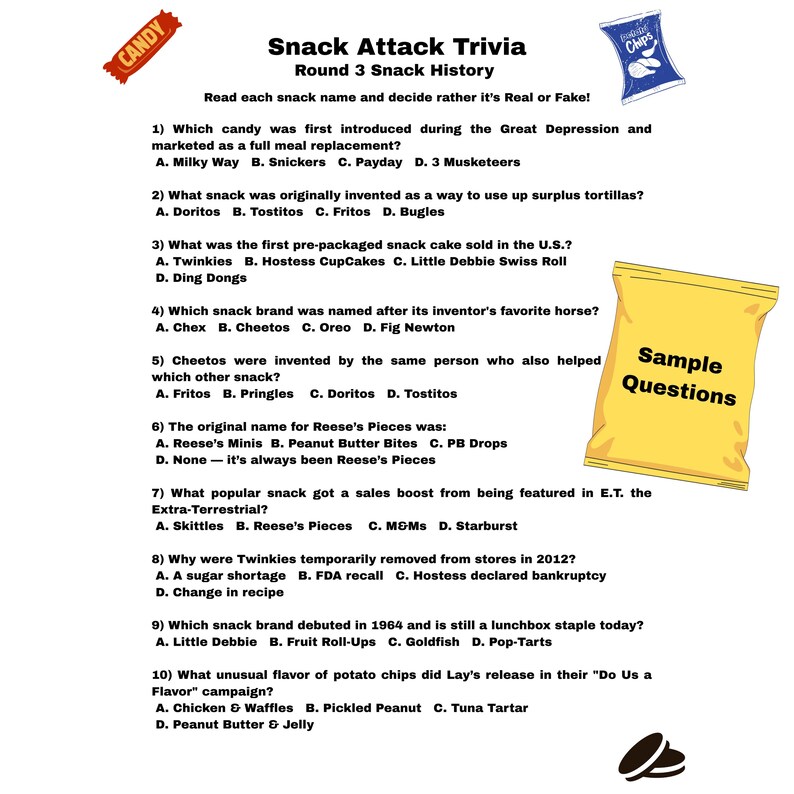 Snack Attack Trivia Game, Fun Food Trivia (instant Download) - Etsy
