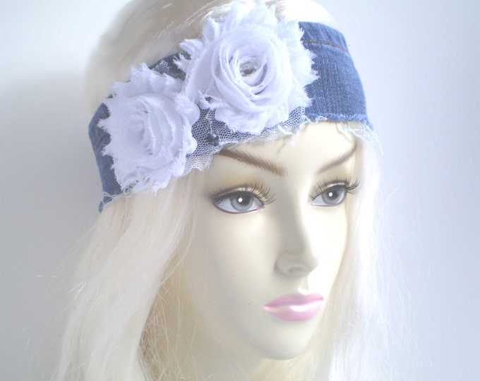 White Flower Denim Headband Boho Headband Hippie Headband - Etsy