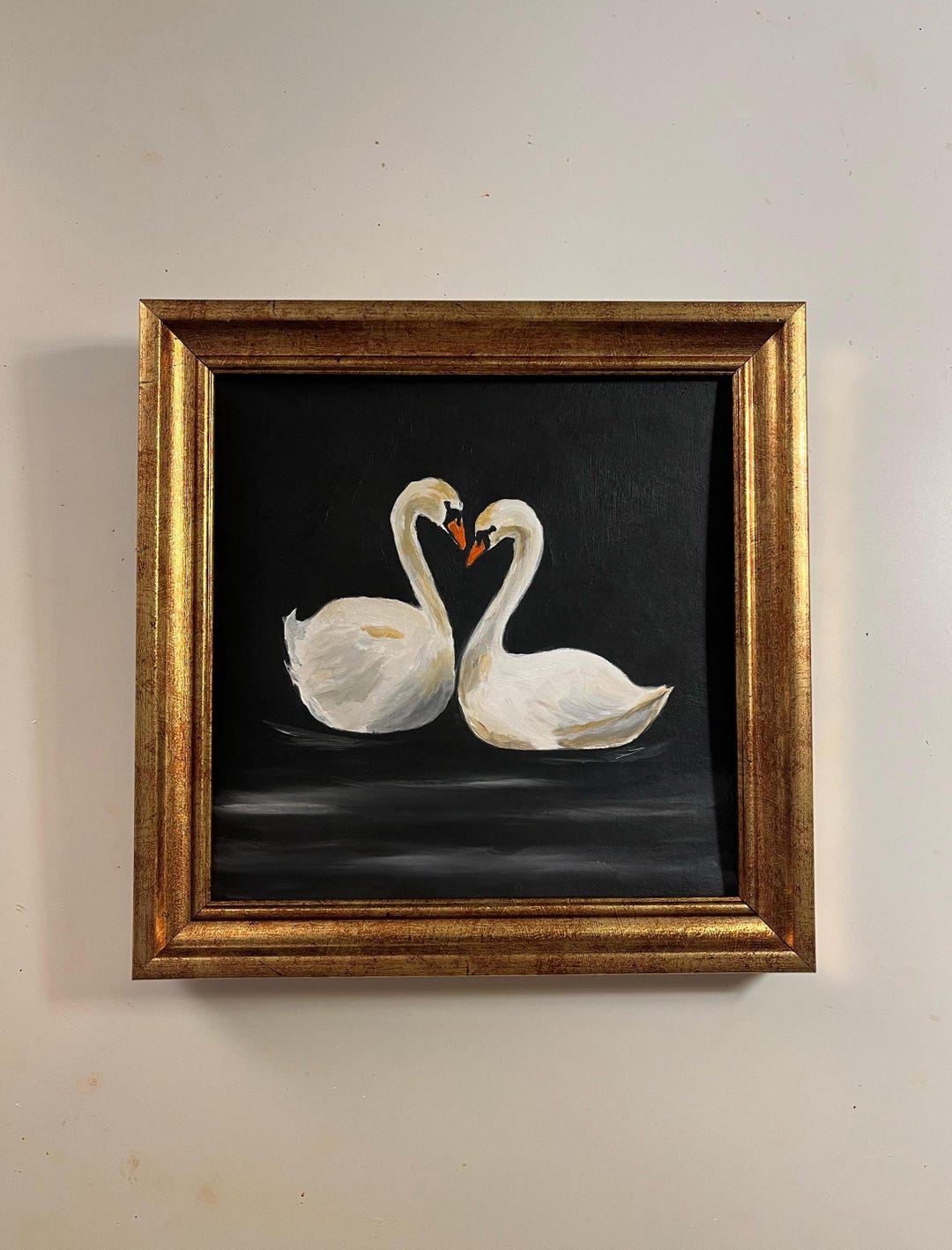 Swan Oil Painting Original Love With Black Reflecting Background ...