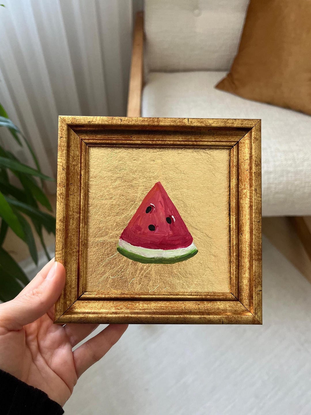 Minimalist Watermelon Slice Painting on Gold Leaf Background | Framed ...