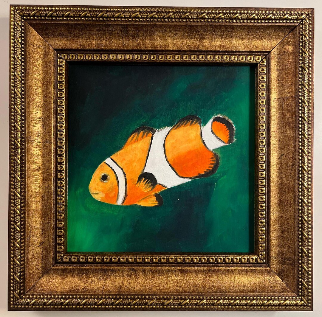 Clownfish Oil Painting With Dark Ocean Green Background, Golden Frame ...