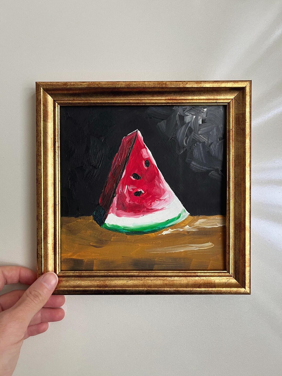 Watermelon Slice Oil Painting | Kitchen Fruit Art on Black - Etsy