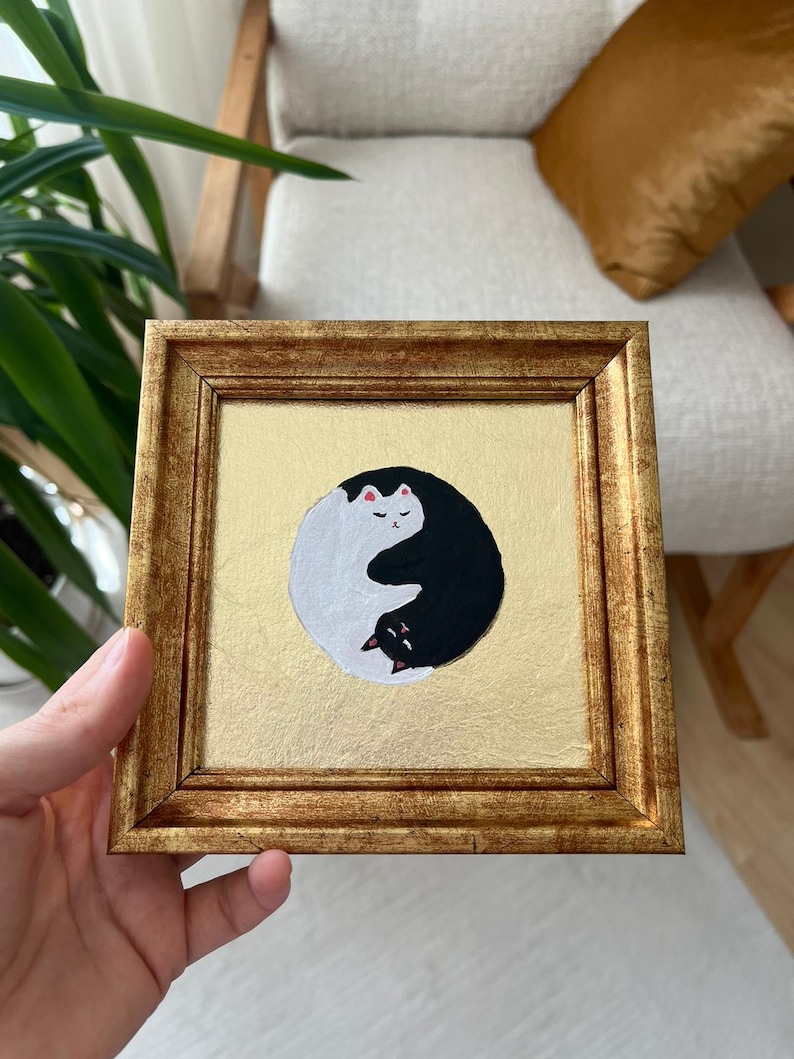 Yin Yang Cat Painting | Gold Leaf, Framed Minimalist Art - Etsy