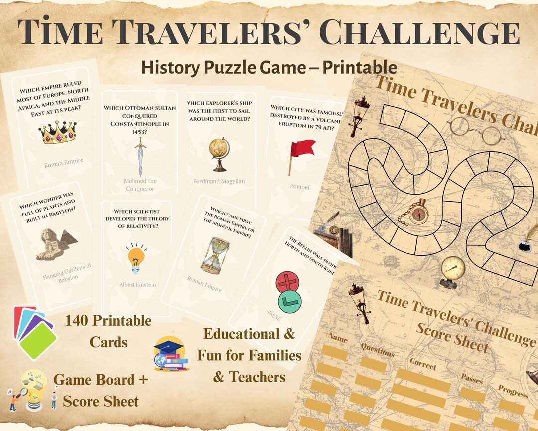 History Printable Trivia Board Game, Educational Trivia Cards for ...