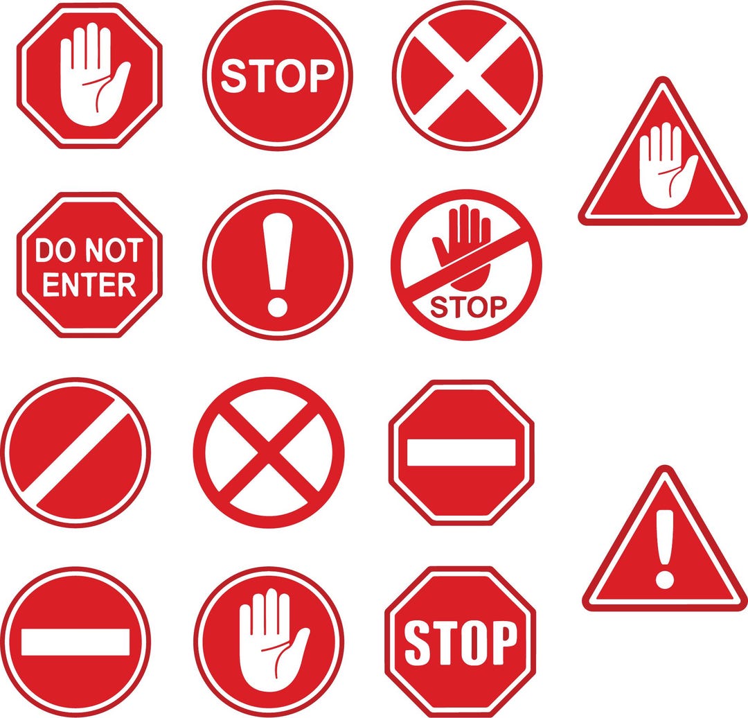 Red Stop & Warning Signs Vector Pack: Safety Icons SVG, EPS, AI Files ...