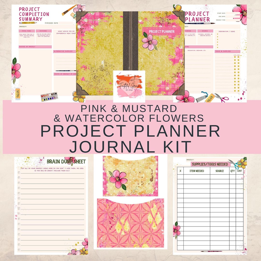 Project Planner Digital Journal – Pink and Mustard With Watercolor ...