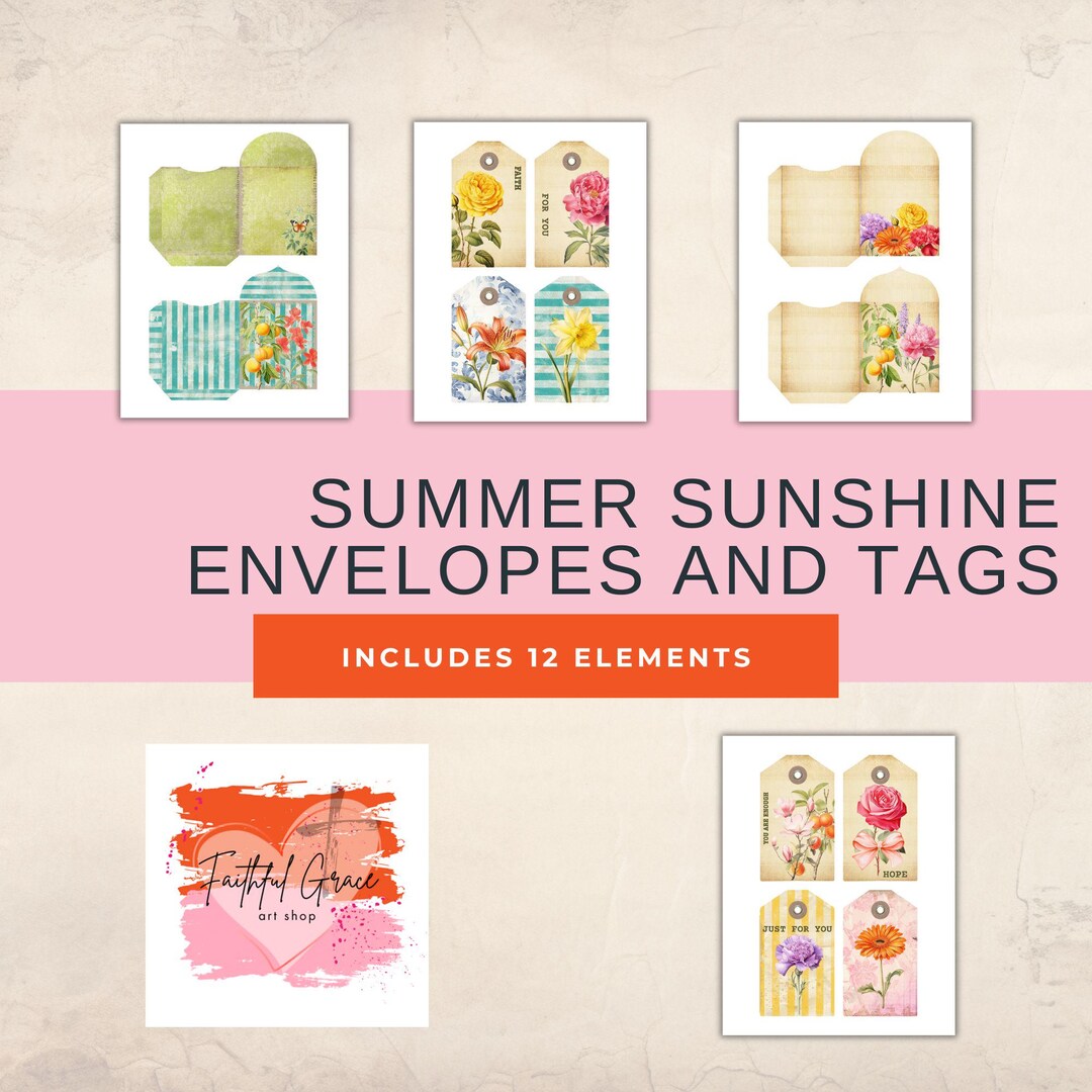 Summer Sunshine Envelopes and Tags | 12 Elements | Bright Flowers ...