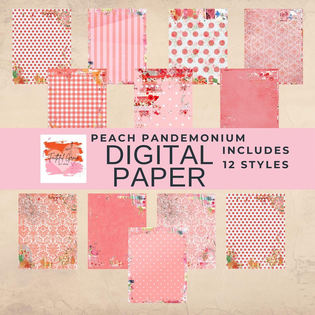 Peach Pandemonium Digital Paper Pack | Coral & Peach Junk Journal Pages ...