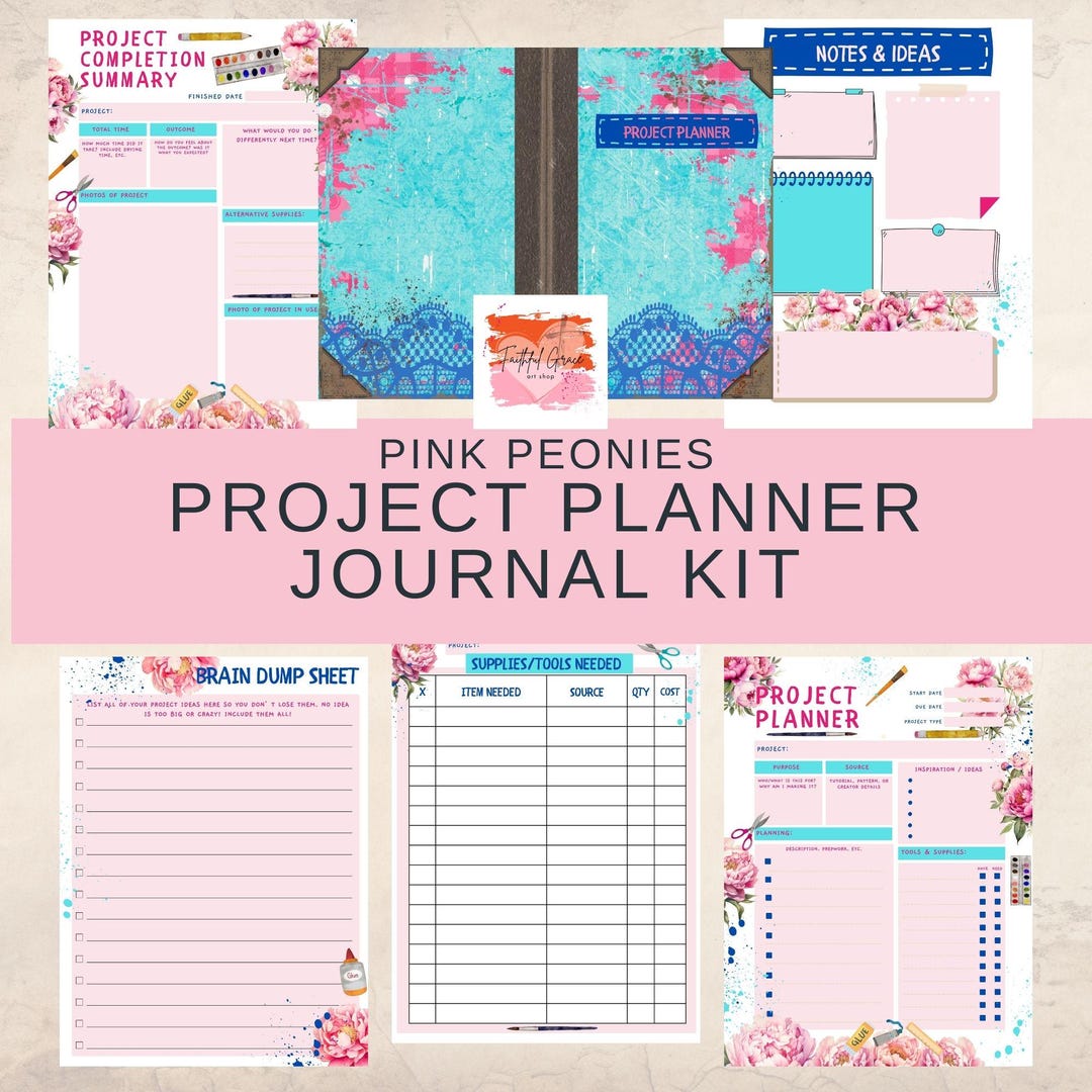 Project Planner Digital Journal – Pink Peonies With Navy and Aqua ...