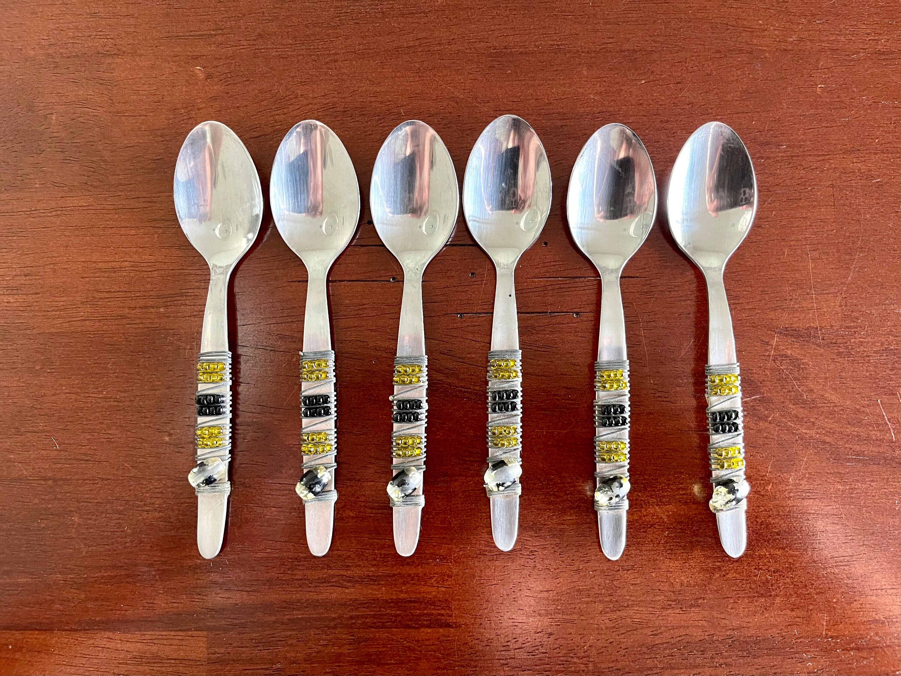 Set of 6 silver wire yellow and black beaded teaspoons | Etsy