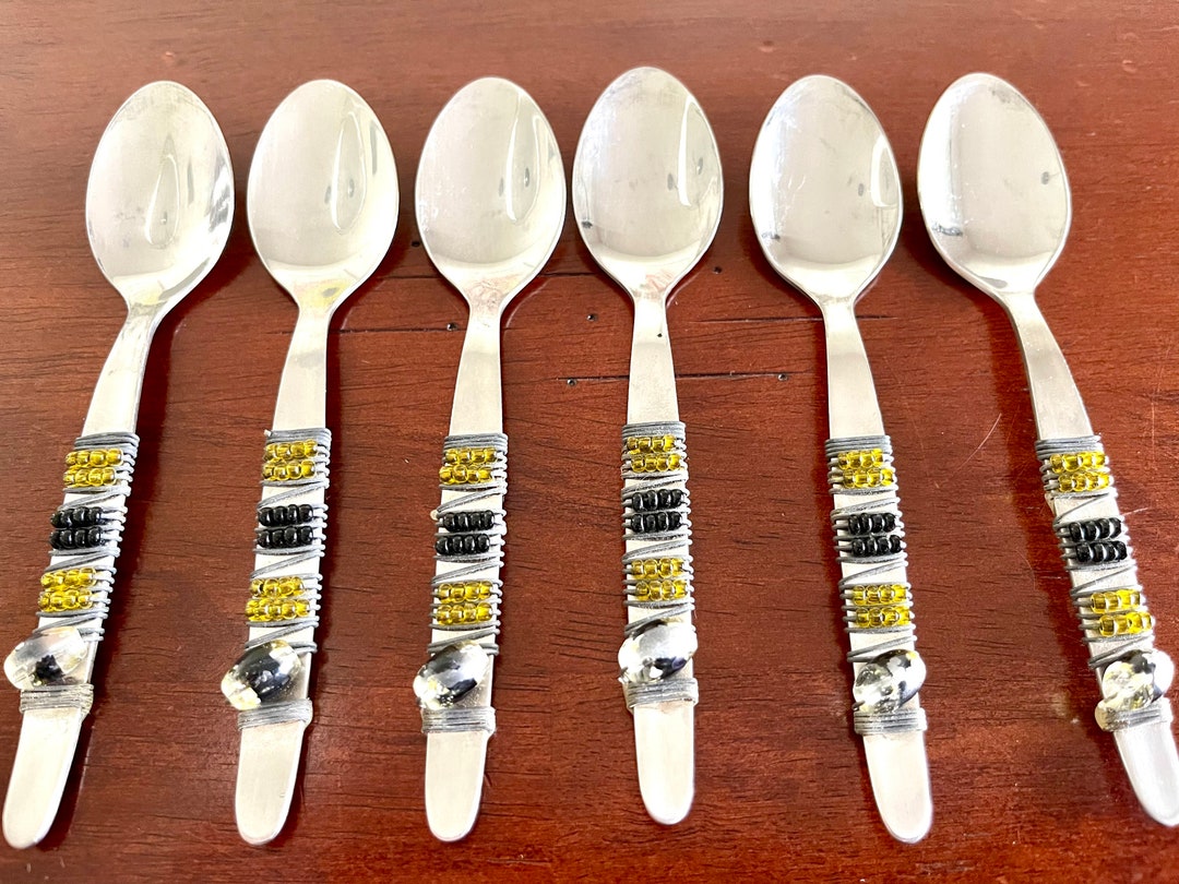 Set of 6 Silver Wire Yellow and Black Beaded Teaspoons - Etsy