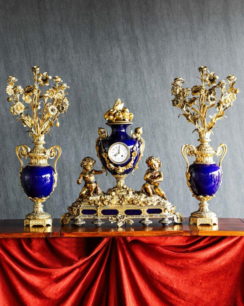 19th Century French Mantel Clock Set, Porcelain Clock and Candlestick ...