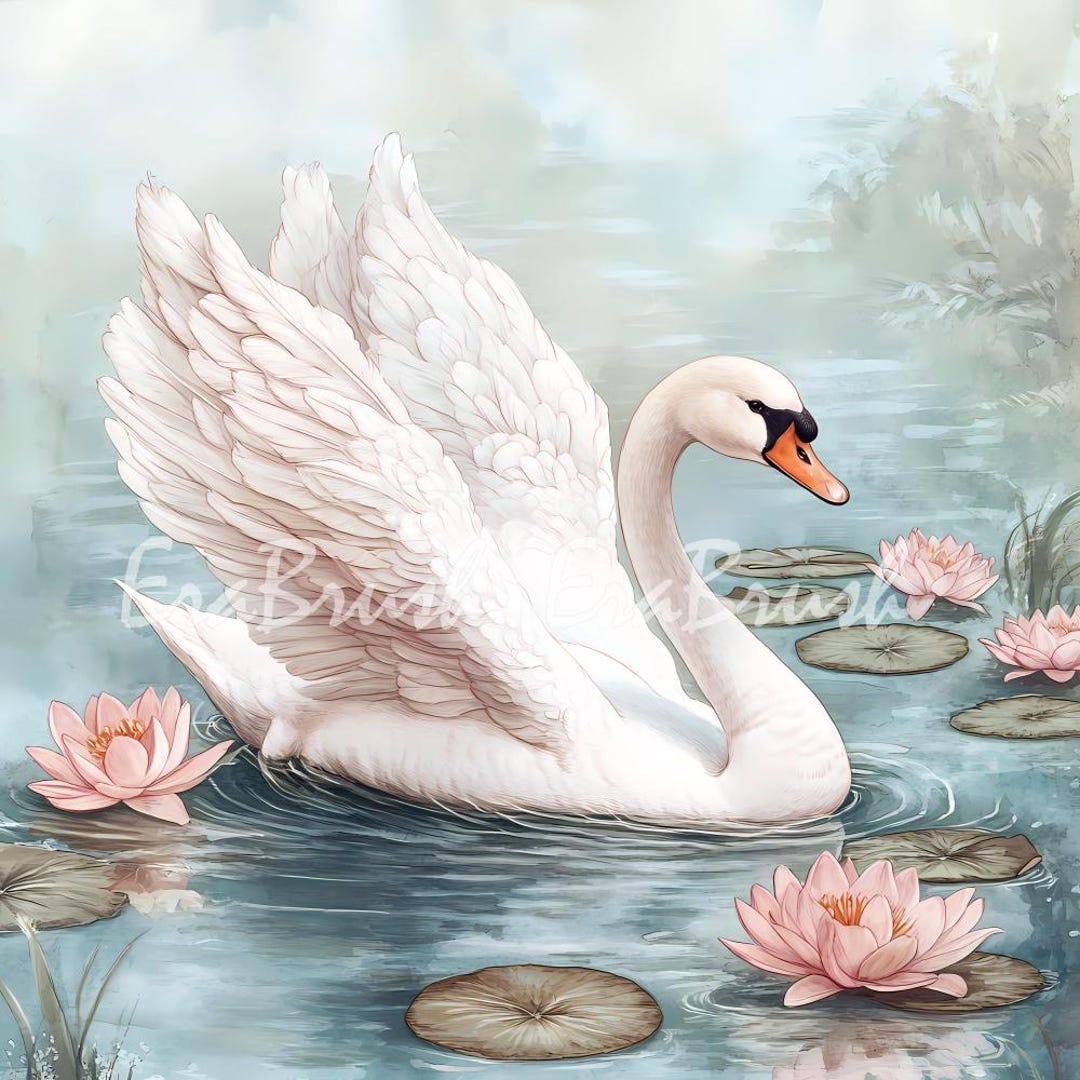 Vintage Swan Watercolor Art Set - 8K 27.3 Inches 300DPI - Elegant Lily ...