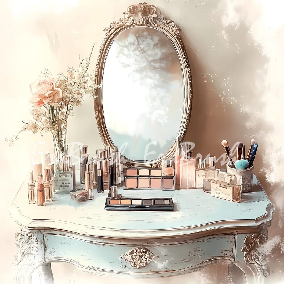 Vintage Vanity Table & Beauty Items | Feminine Watercolor Room Decor ...