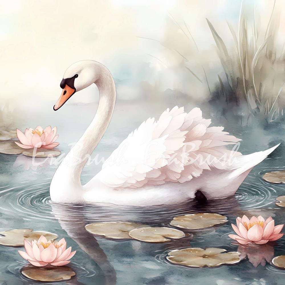 Vintage Swan Watercolor Art Set - 8K 27.3 Inches 300DPI - Elegant Lily ...
