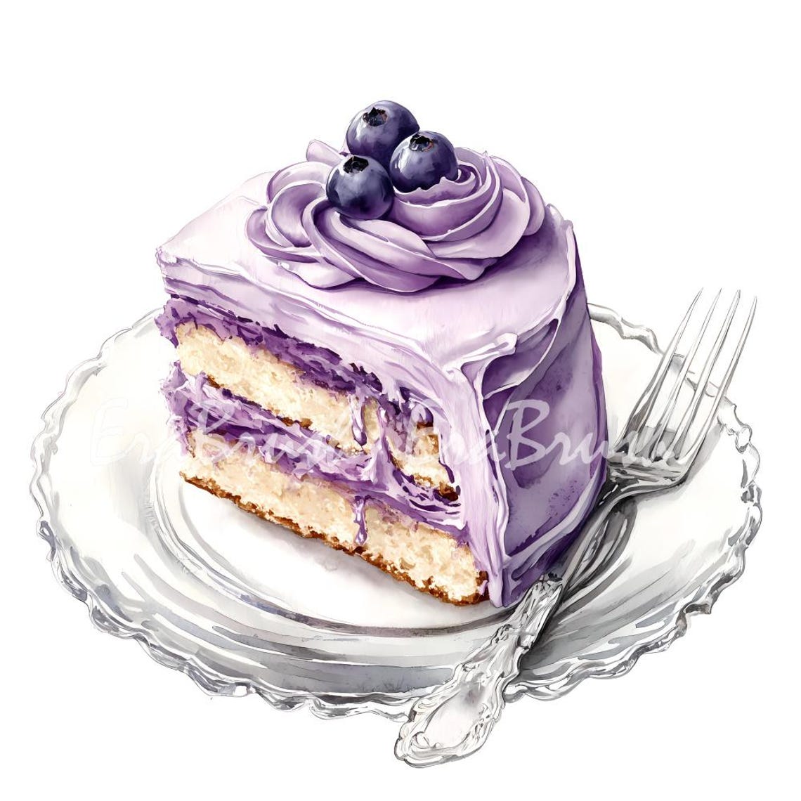 Violet Cream Cake & Glass Plate | Elegant Watercolor Art | Pastel ...