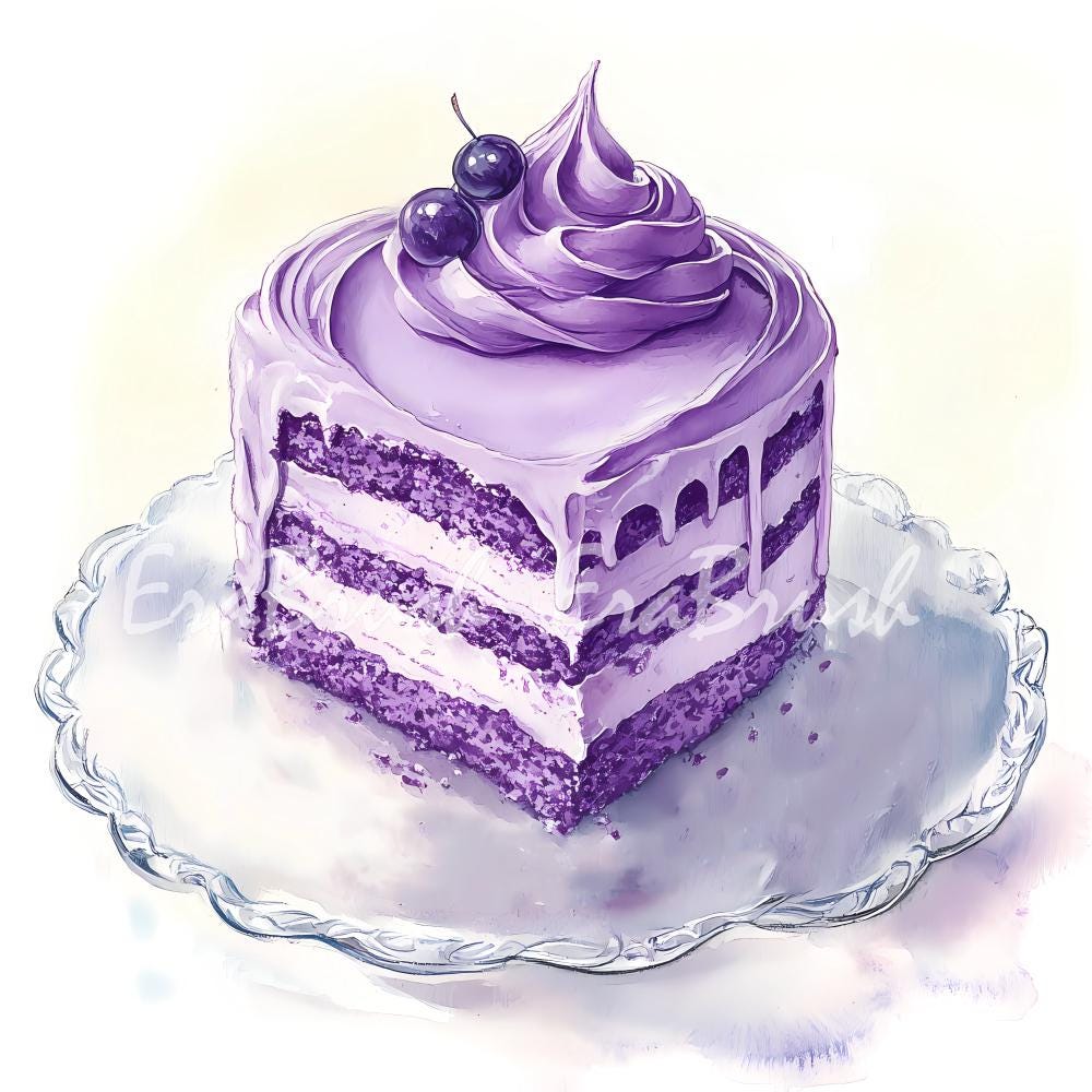 Violet Cream Cake & Glass Plate | Elegant Watercolor Art | Pastel ...