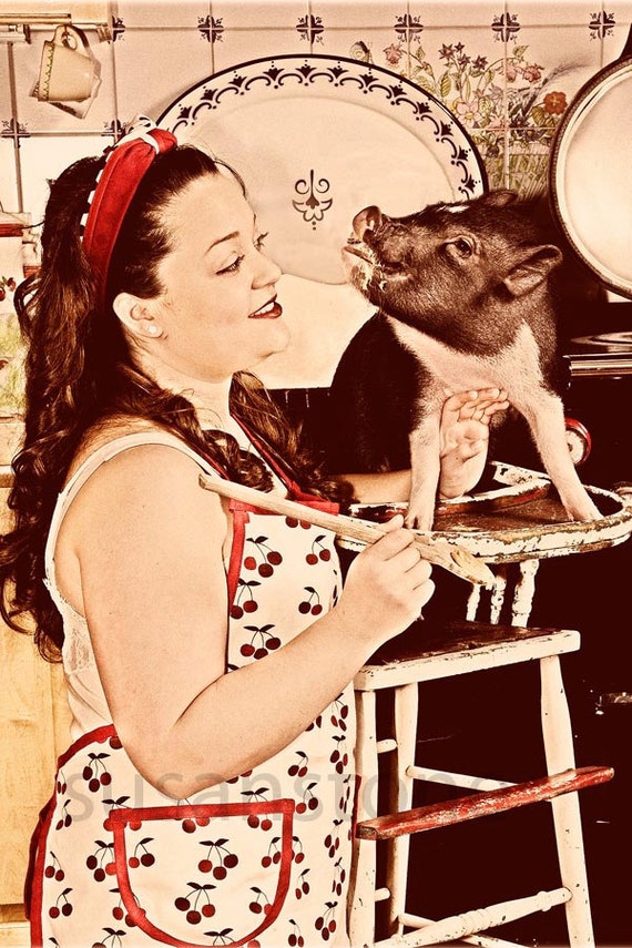 Girl Feeding Potbelly Pig in a high chair fine art photo | Etsy